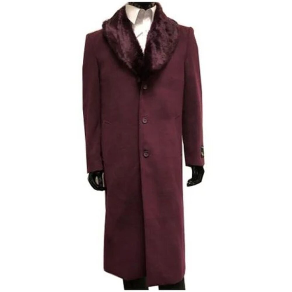 Mens Burgundy Wool Coat And Overcoat With Fur Collar - Gem